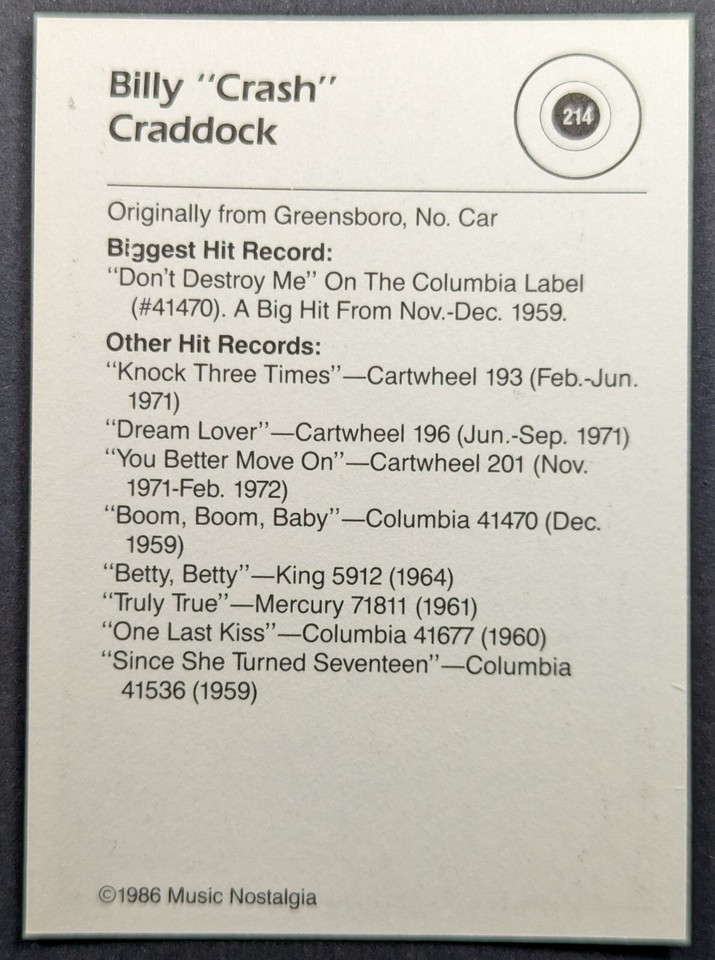 Billy Crash Craddock 1986 Music Nostalgia Card #214 (NM) | eBay