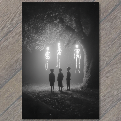POSTCARD Glowing Skeletons Hanging Tree Boys Silhouettes Foggy Night ...