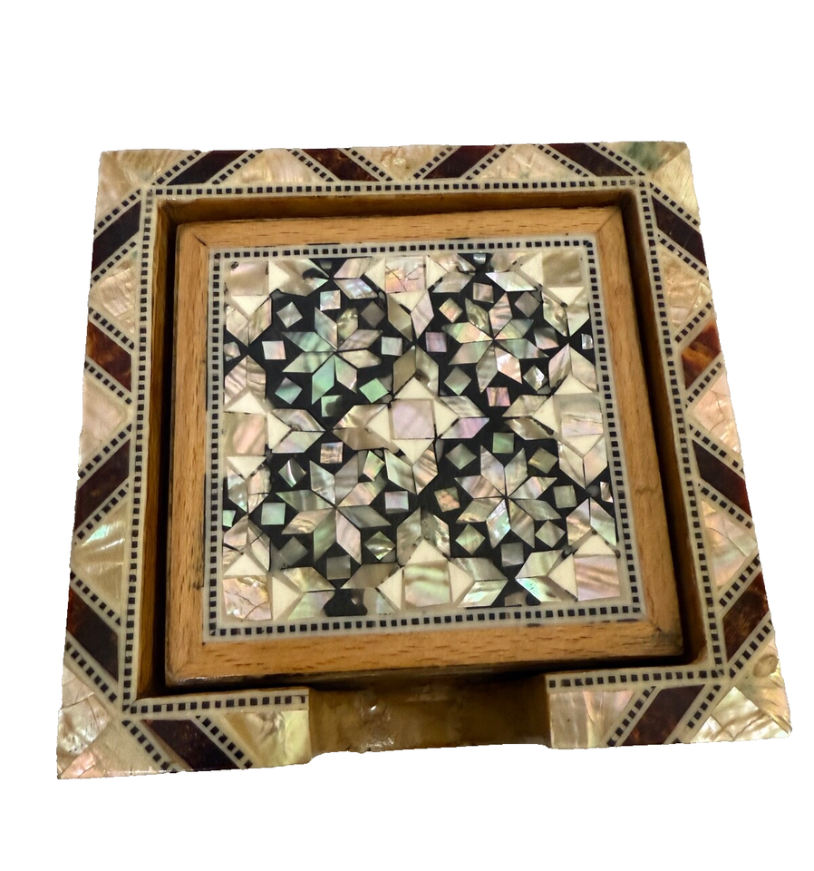 Handmade Egyptian Mother of Pearl Inlay Coaster Set – 6 with Matching ...