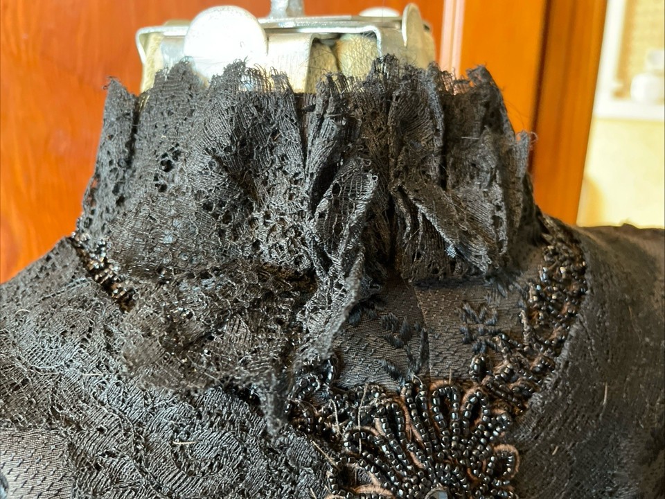 Antique Victorian Black Damask Cape Shawl ~ Lace, Ruffles, Beadwork ...