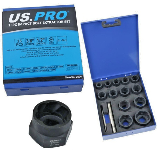15pc BOLT EXTRACTOR SET by US PRO TOOLS for Damaged/Rounded Nuts easy ...