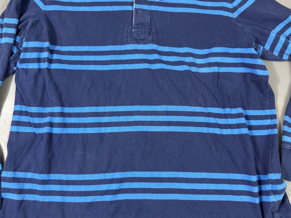 Lands End Rugby Shirt Mens 2XL Navy Blue Stripe Collared Long Sleeve ...