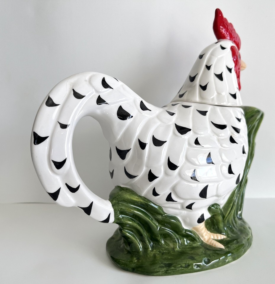 Boston Warehouse Rooster Chicken White Black Red Tea Pot Country ...