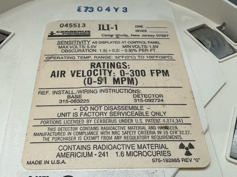 SIEMENS CERBERUS PYROTRONICS ILI-1 IONIZATION SMOKE DETECTOR FREE ...