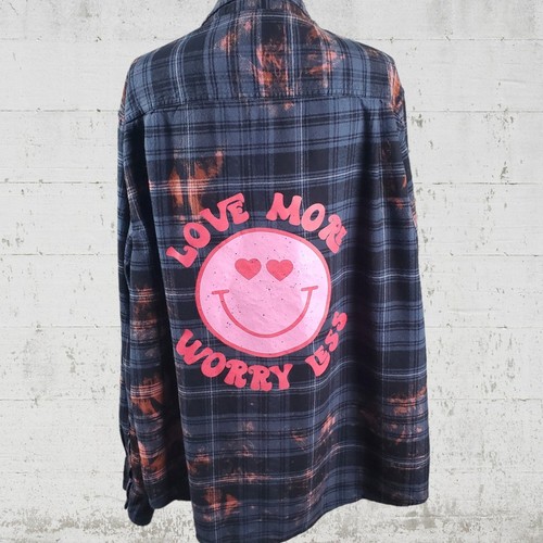 Upcycled Flannel Shirt Shacket Smiley Face Worry Less Hippie Shirt Plus ...