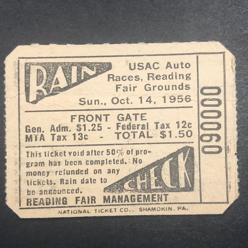 Reading Fairgrounds USAC Auto Racing Rain Check Ticket Stub 10/14 1956 ...