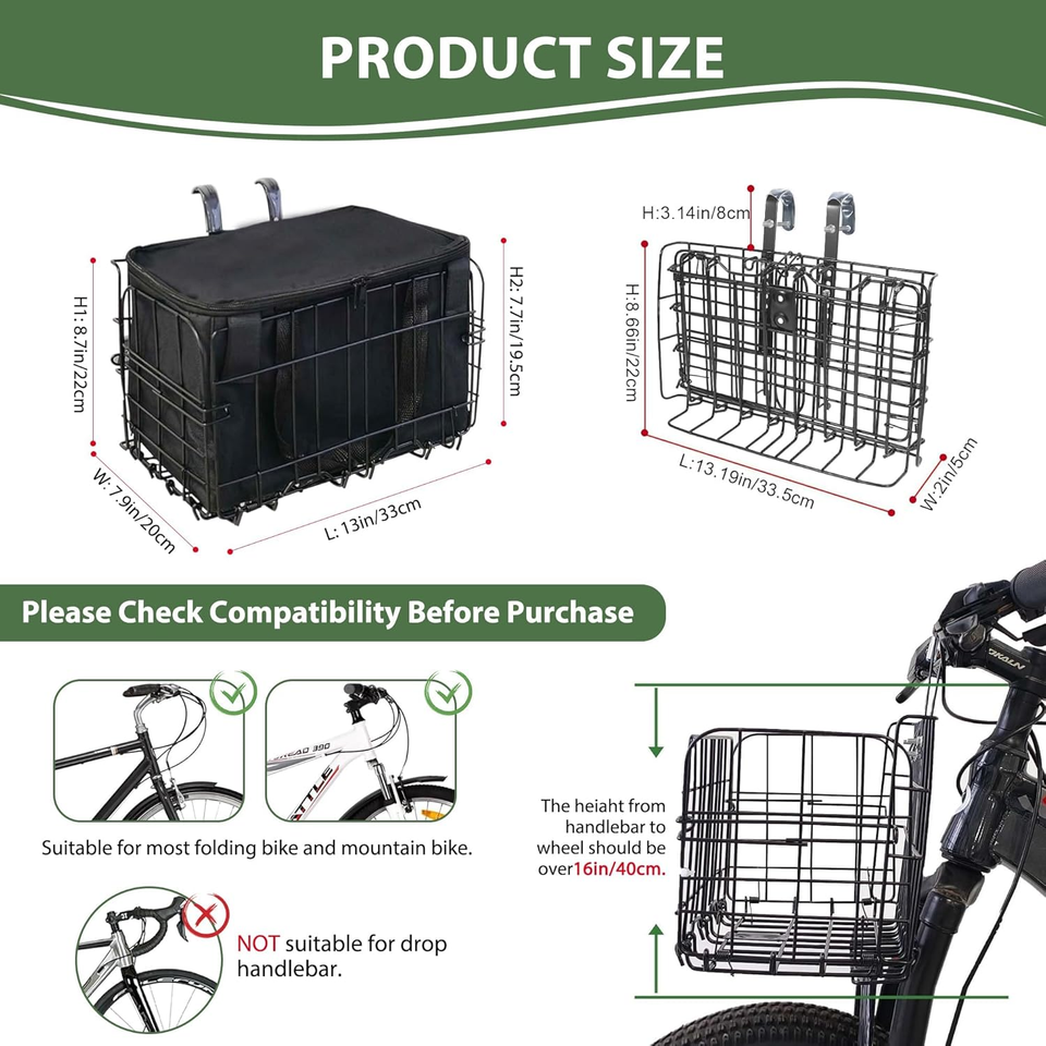 Bike Basket Front Folding Bicycle Basket with Removable Liner Bag ...