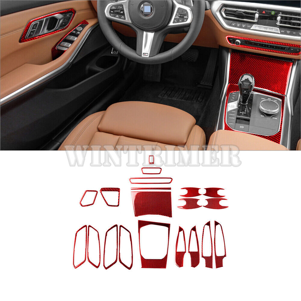 For BMW 3Series G20 G28 Red Carbon Fiber Interior Full Kit Cover Trim ...