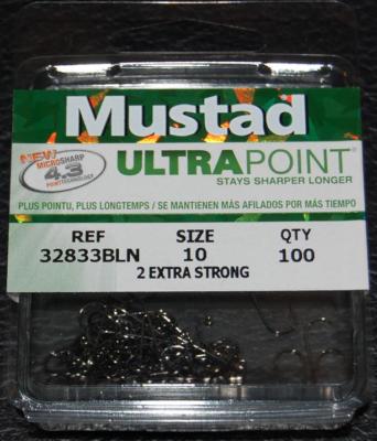 100 Mustad 32833BLN Size 10 Ultra Point 2X Strong 90 degree Jig Hooks ...
