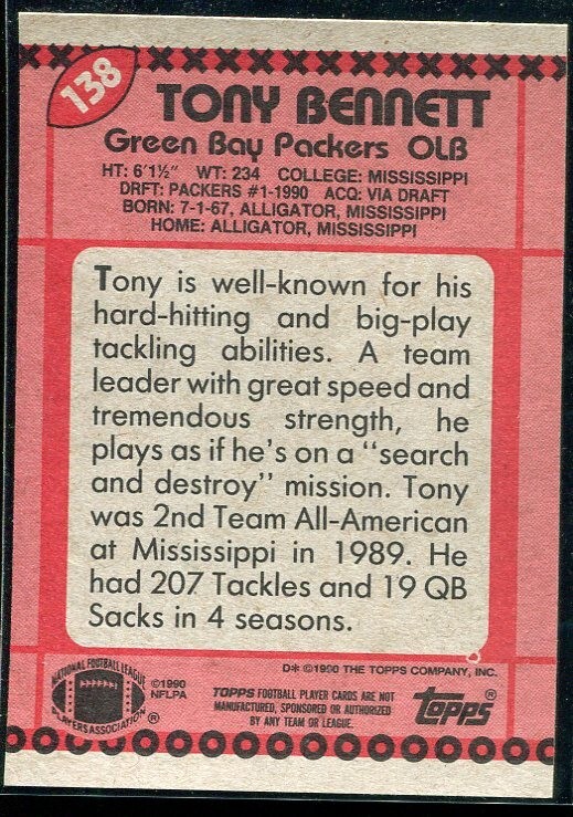 1990 Topps Football Tony Bennett #138 Green Bay Packers Rookie | eBay