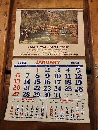 Staats Wall Paper Store 1952 Calendar Marysville Washington Vintage ...