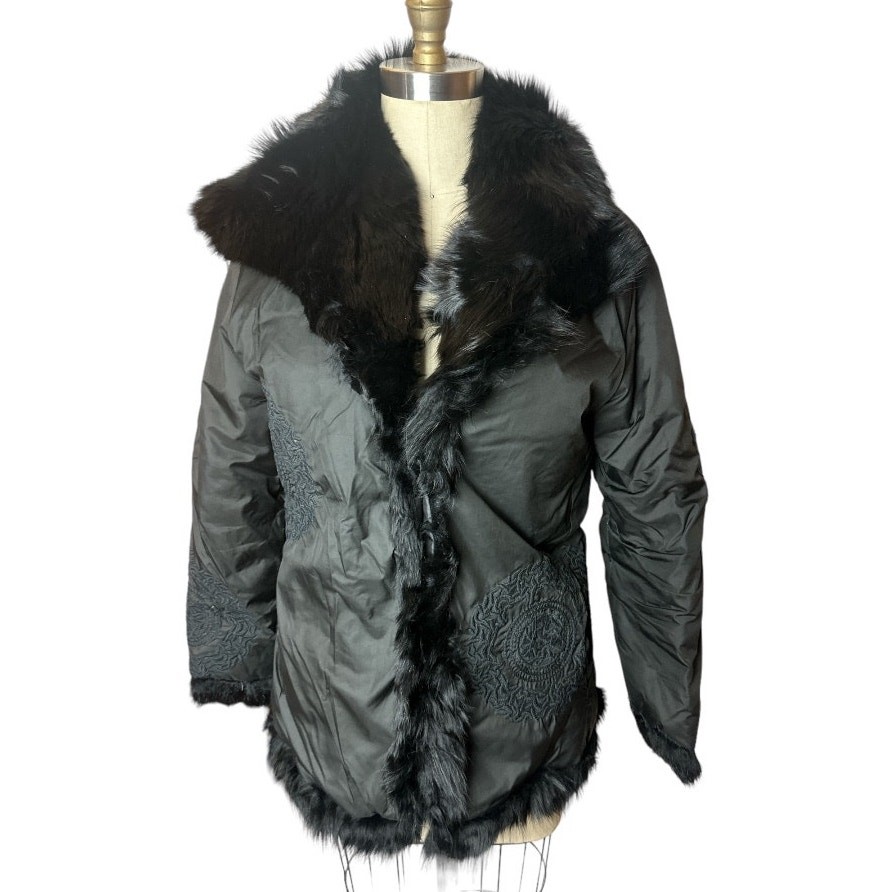 Vtg Gi & Jo Black Down Fill Fur Trim Lightweight Embr… - Gem