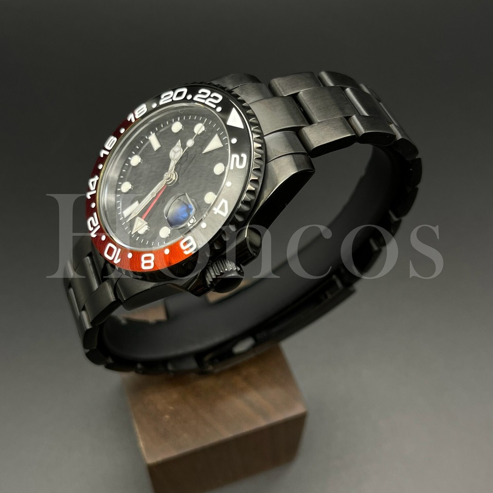 Custom Made GMT Style Watch Automatic Movement Black Dial Black Red ...