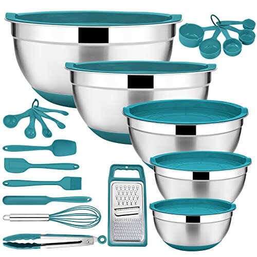 22piece Mixing Bowls With Teal Blue Lids & Accessories Set Stainless ...