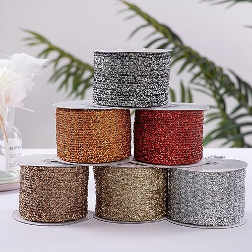 Brown Fall Stretchable Mesh Glitter Metallic Wired Ribbon Wide 2.5" to ...