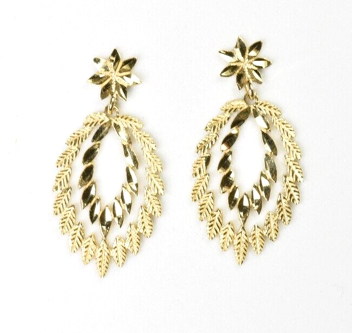 14k Solid Gold Earrings Diamond Cut Leaf Shape Dangle | eBay