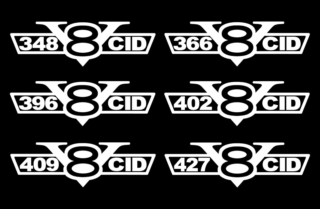 2 V8 BBC ENGINE DECALS 348-366-396-402-409-427 BIG BLOCK RAT MOTOR GM ...