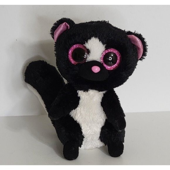 Ty FLORA Skunk Beanie Boos Plush 6” Black & White Pink Sparkle Big Eyes ...