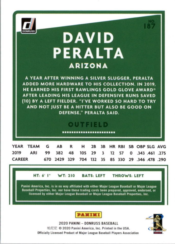 2020 Donruss Season Stat Line #187 David Peralta /105 | eBay
