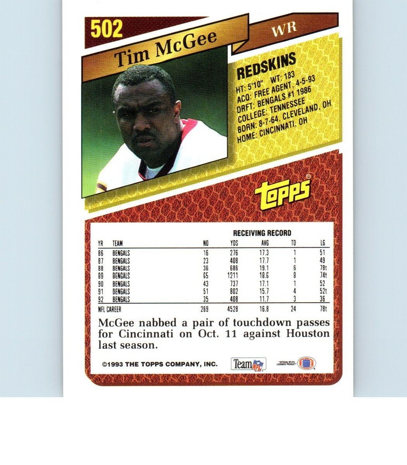 Tim McGee 502 Redskins 1993 Topps NFL Football Trading Card | eBay