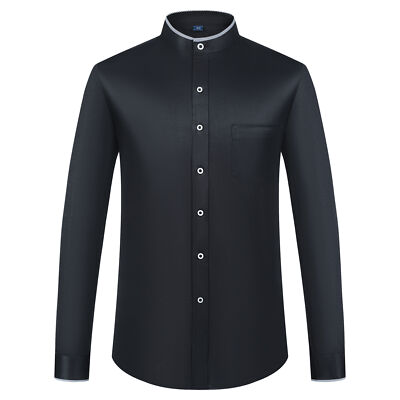 Men's Color Block Band Collar Long Sleeve Dress Shirt With Single Patch ...
