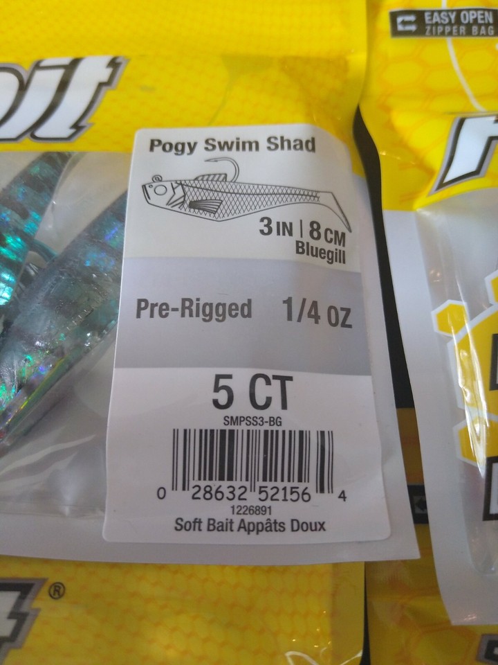 4 PACKAGES - 3" BERKLEY POWER BAIT PRERIGGED Pogy Swim Shad - bluegill ...