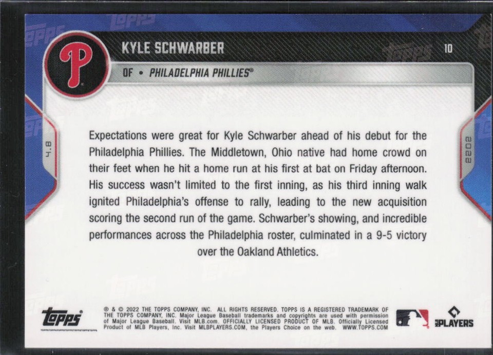 2022 Topps Now #10 Kyle Schwarber Philadelphia Phillies Print Run 483 ...