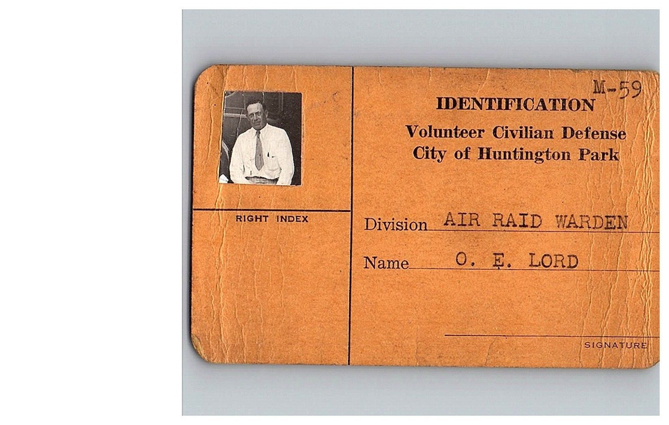 Air Raid Warden Chief Division ID Card Vintage Huntington Park CA | eBay