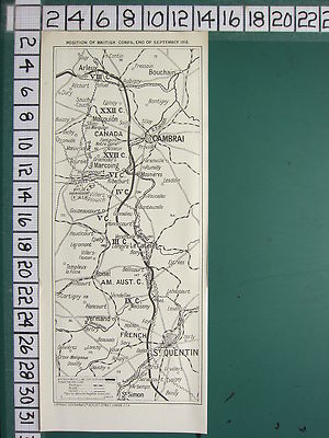 WWI WW1 MAP ~ POSITION OF BRITISH CORPS END OF SEPT (1918) CAMBRAI ST ...