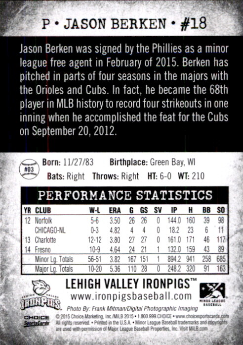 2015 Lehigh Valley Ironpigs Choice 2nd ED #3 Jason Berken Green Bay ...