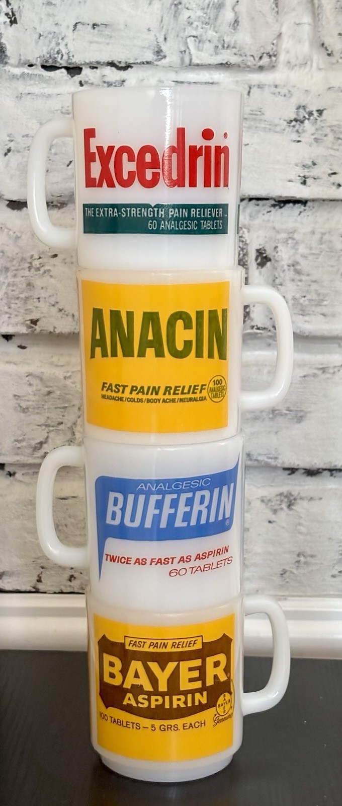 Lot of 4 Vintage Stackable Milk-glass Pain Killer Advertising Coffee ...