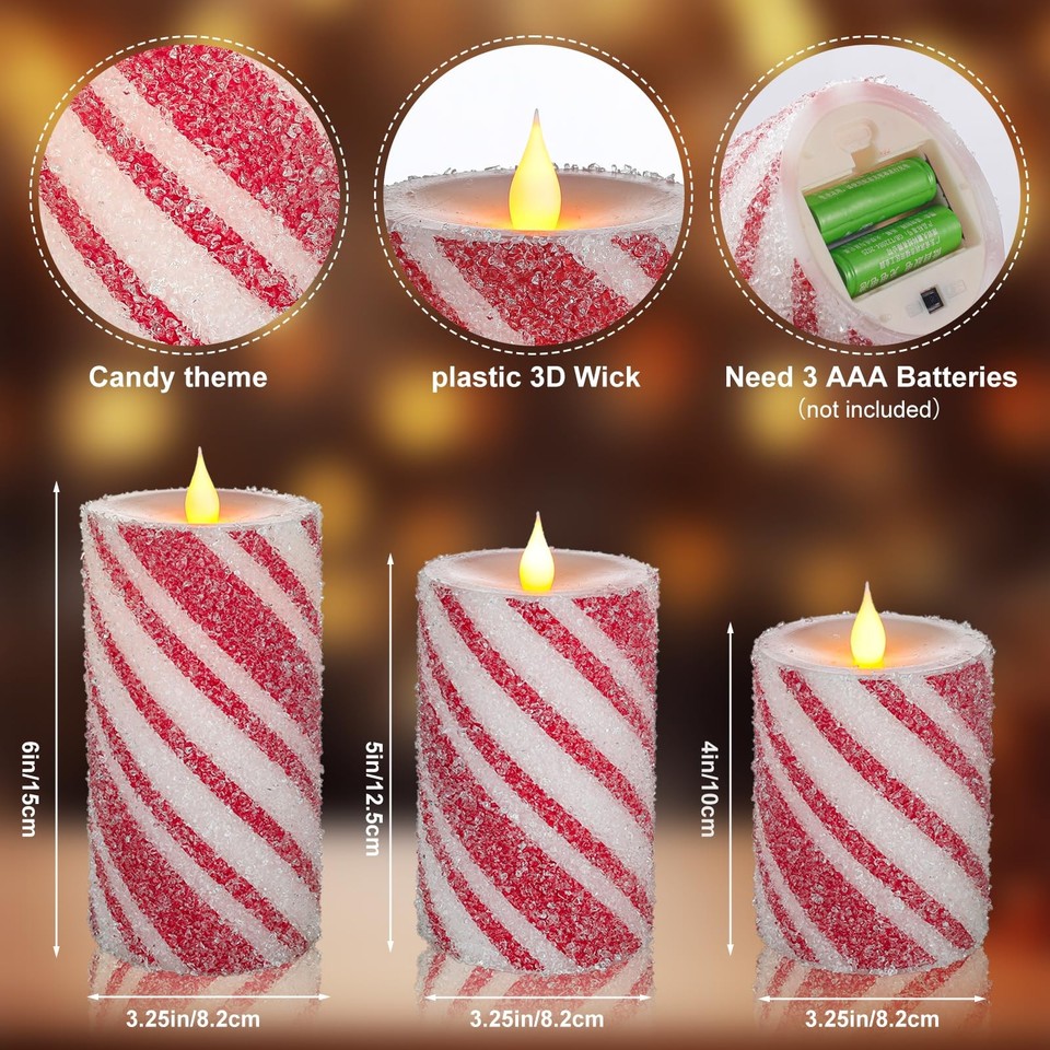 Christmas Flameless Pillar Candles Decor - 3PCS Candy Cane Stripe Real ...