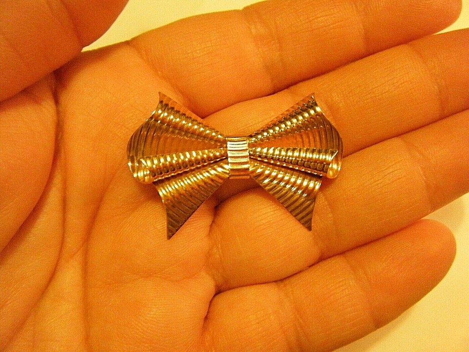 Vintage Ribbed Design Solid 14K Yellow Gold 40mm 3D Bow Pin 5.3g | eBay