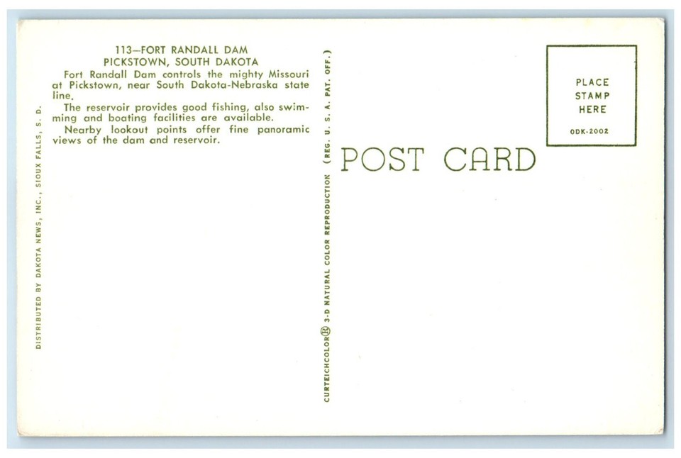 c1960 Fort Randall Dam State River Missouri Pickstown South Dakota SD ...