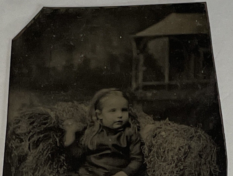 Vintage Tintype Little Chubby Long Hair Girl Sitting on Hay/Straw Bale/Stack | eBay