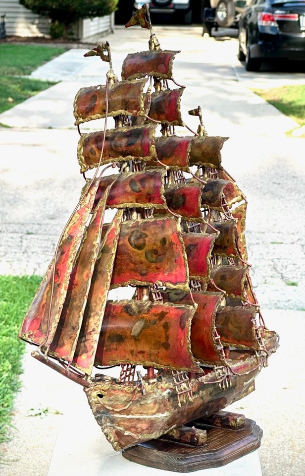 VINTAGE MCM C JERE STYLE MODERNIST TALL SHIP 21" METAL SAILING BOAT ...