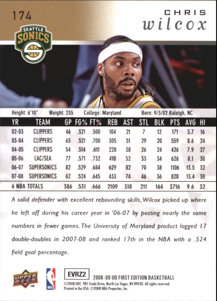 2008-09 Upper Deck First Edition Gold Basketball Card #174 Chris Wilcox ...
