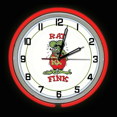 19" Rat Fink Rat Rod White Sign Double Red Neon Clock Man Cave Bar ...
