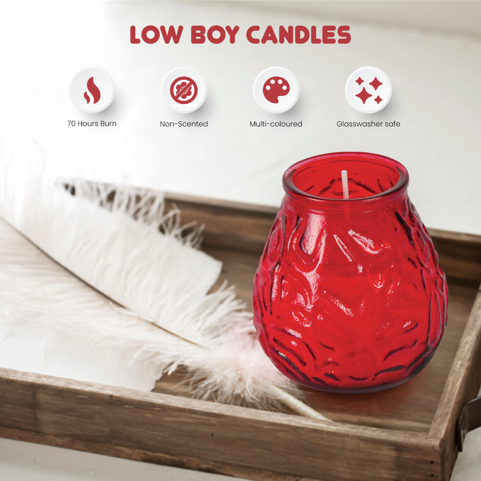 Low Boy Candles With 70 Hour Burn Time Wax Filled Glass Jar 8 Colours ...