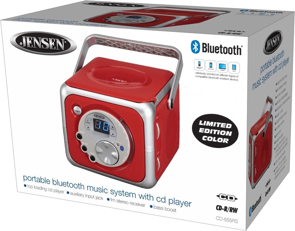 Jensen CD-555 Red CD Bluetooth Boombox Portable Bluetooth Music System ...