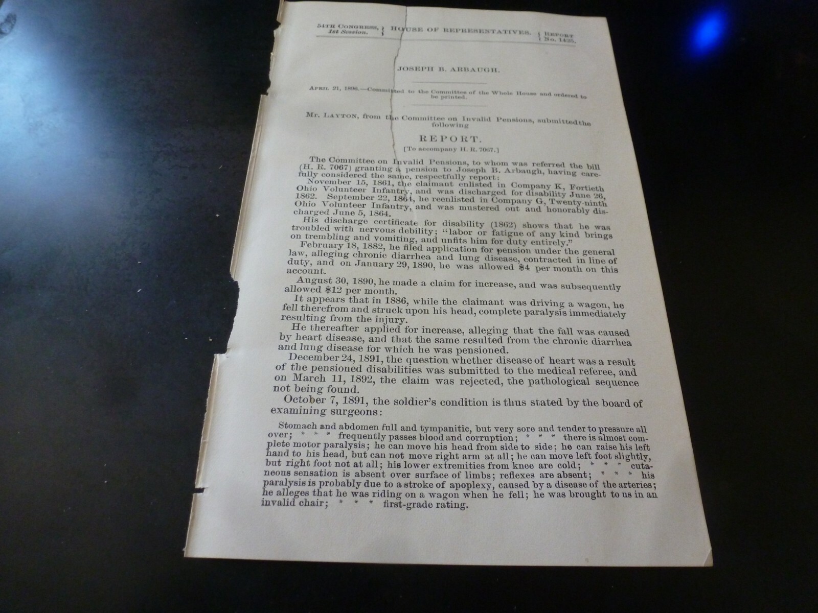 Government Report 1896 Joseph Arbaugh Co K 40th Ohio Vol Infantry Civil ...