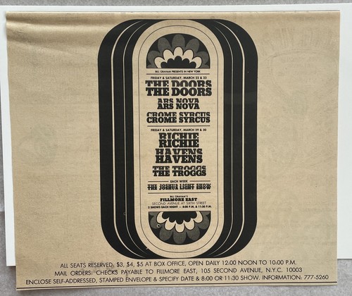 1968 The Doors Crome Syrcus, Fillmore East Historic Concert Ad | eBay