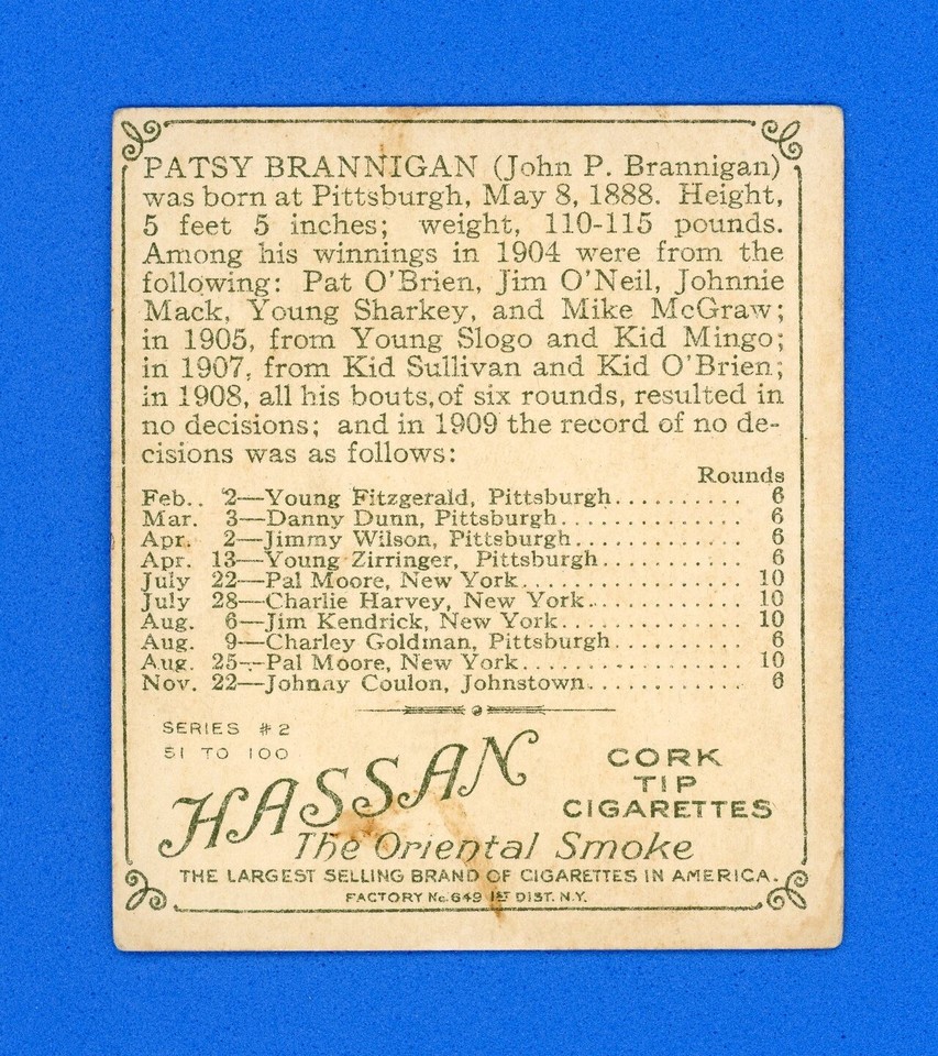 1910 T218 PATSY BRANNIGAN Hassan Champions Card ~ Prize Fighter ~ ((SWEET!!)) ~ | eBay