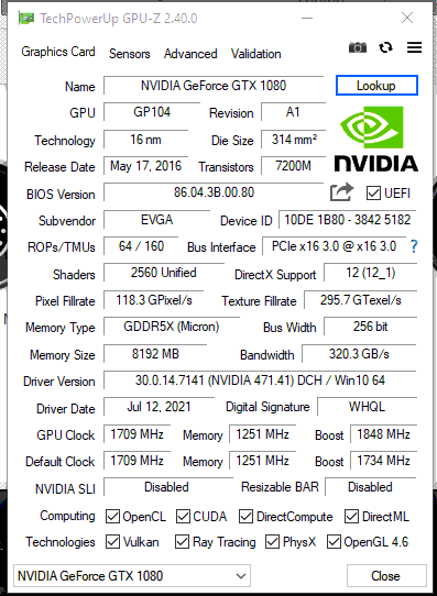 EVGA GeForce GTX 1080, 8GB, 08G-P4-5180-KR, GPU video blower | eBay