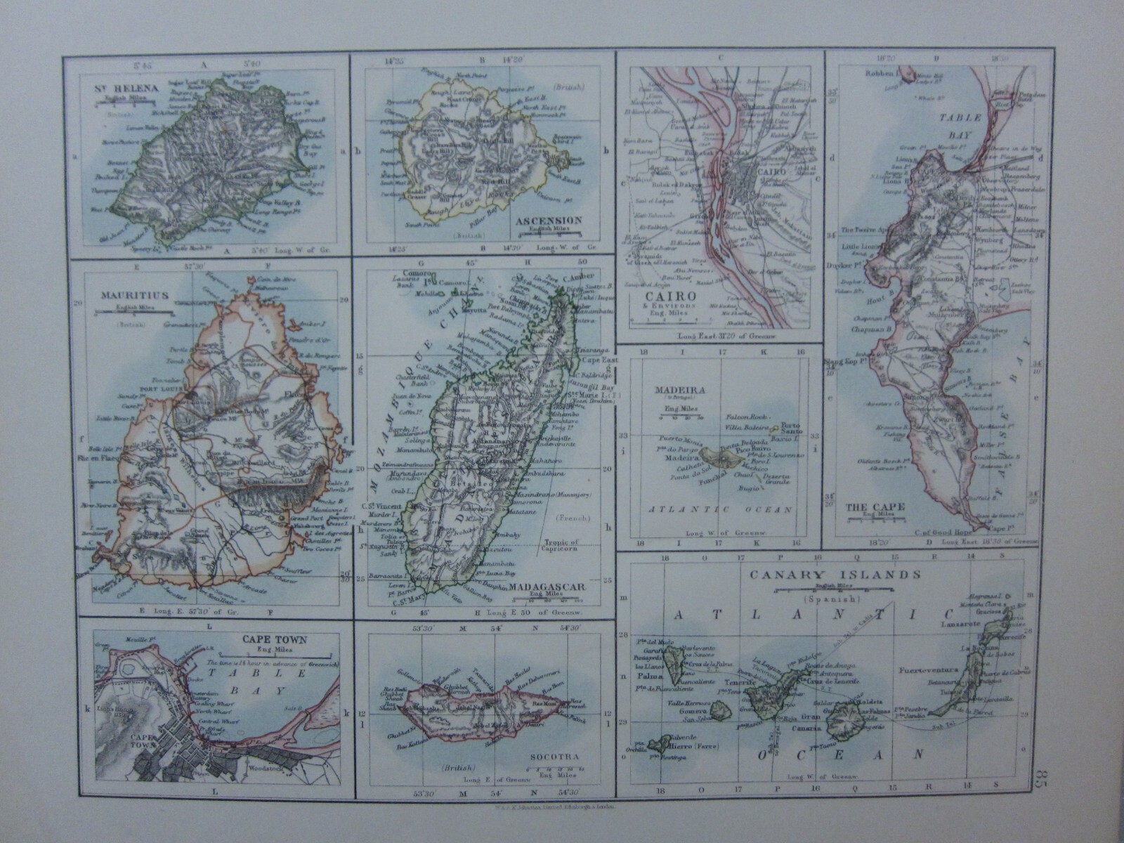 1914 MAP ~ ST HELENA ASCENNSION MAURITIUS MADAGASCAR CAPE TOWN CANARY ...