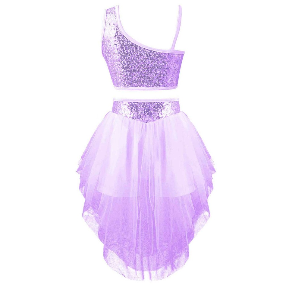Girls Lyrical Ballet Tutus Dance Costumes Sequin Crop Top Layered Mesh ...