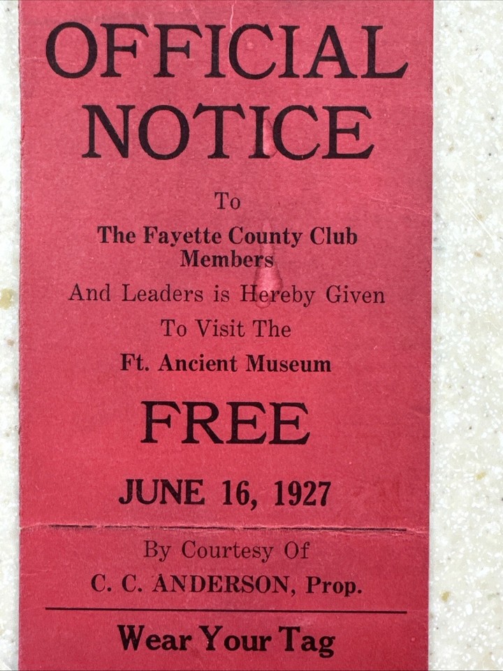 1927 Fayette County, Ohio Country Club Ft. Ancient Museum Visit Ticket ...