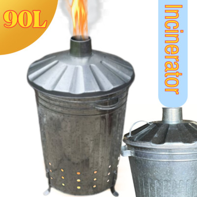 90L GALVANIZED INCINERATOR GARDEN RUBBISH FIRE BIN PAPER LEAF WOOD ...