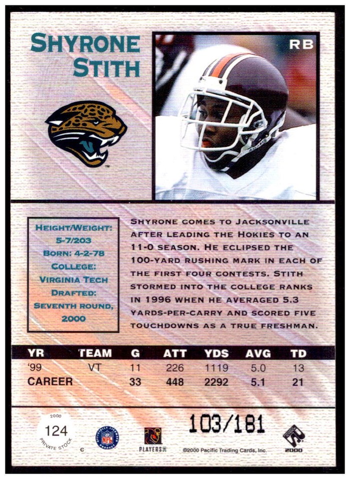 2000 Pacific Private Stock #124 Shyrone Stith Gold #/181 | eBay