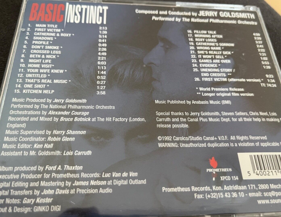 Complete Soundtrack: Basic Instinct (1992) - Jerry Goldsmith rare CD MP ...